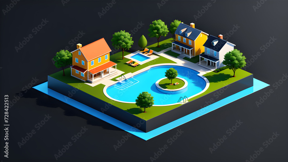 houses real estate community amenities 3d icon vector clipart isolated ...