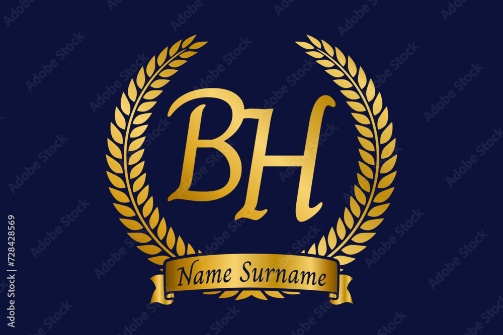 Initial letter B and H, BH monogram logo design with laurel wreath ...