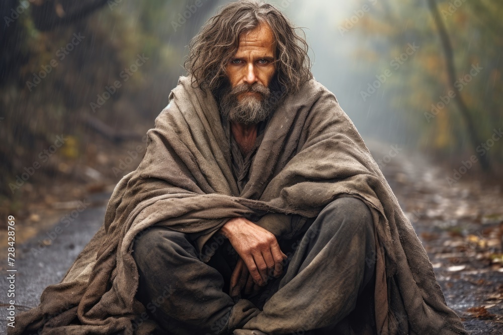 A poignant sight unfolds as a homeless man, covered with a blanket ...