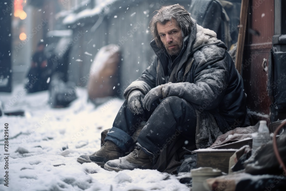 Amid the urban hustle, a homeless man seeks refuge under a blanket on ...