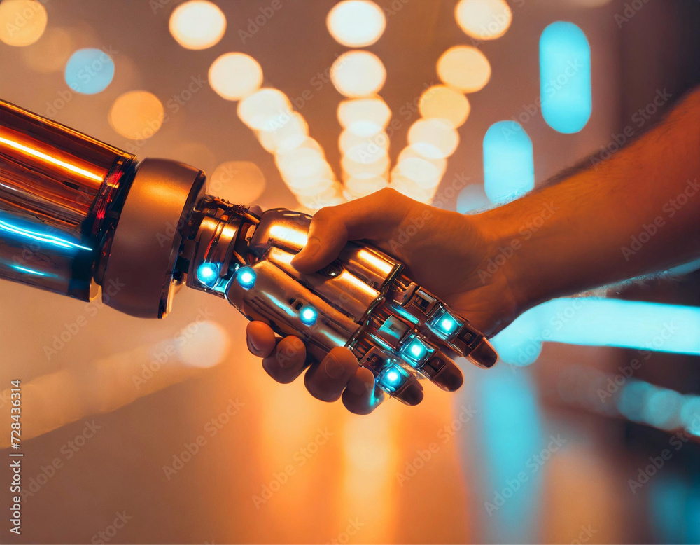 Um aperto de mão entre um robô e um humano. Detalhe de mãos humana e de ...