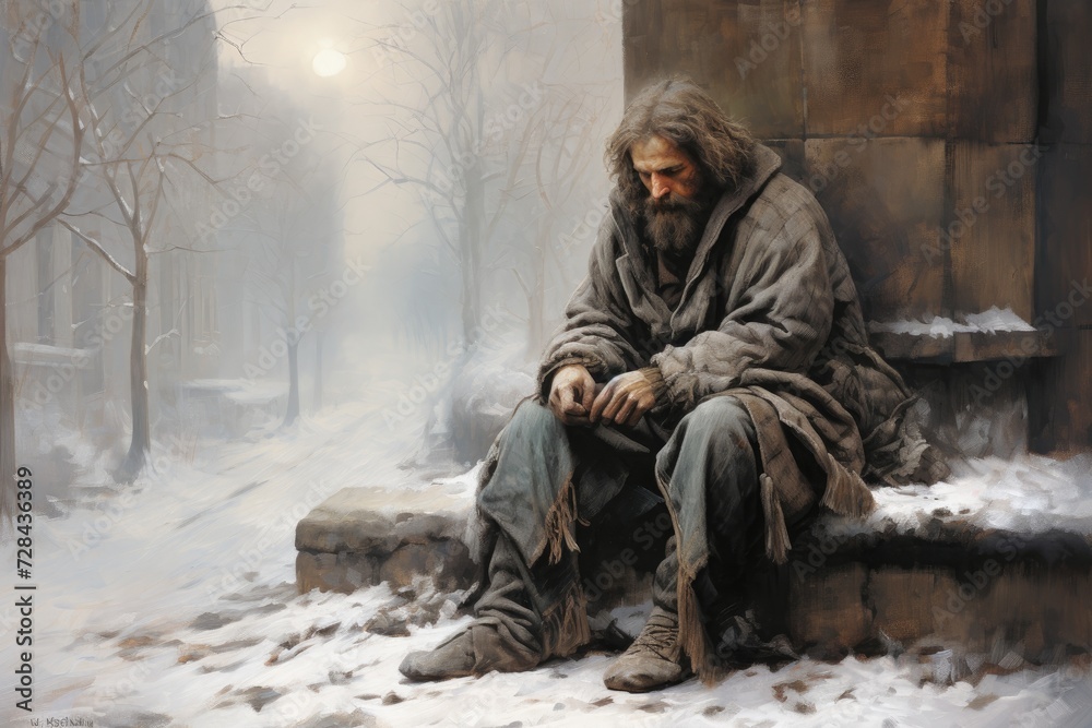 Amid the urban hustle, a homeless man seeks refuge under a blanket on ...