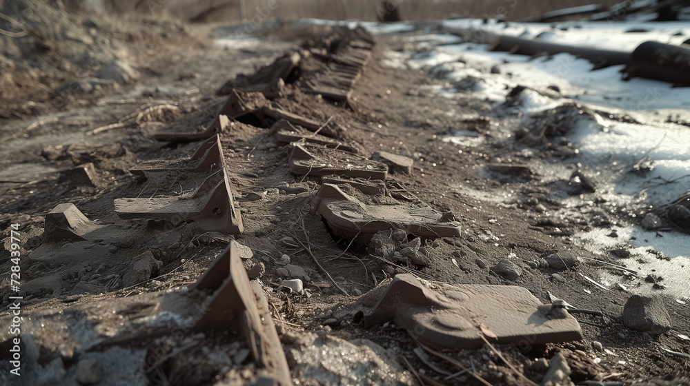 Photograph of ground littered with metal fragments and war debris ...