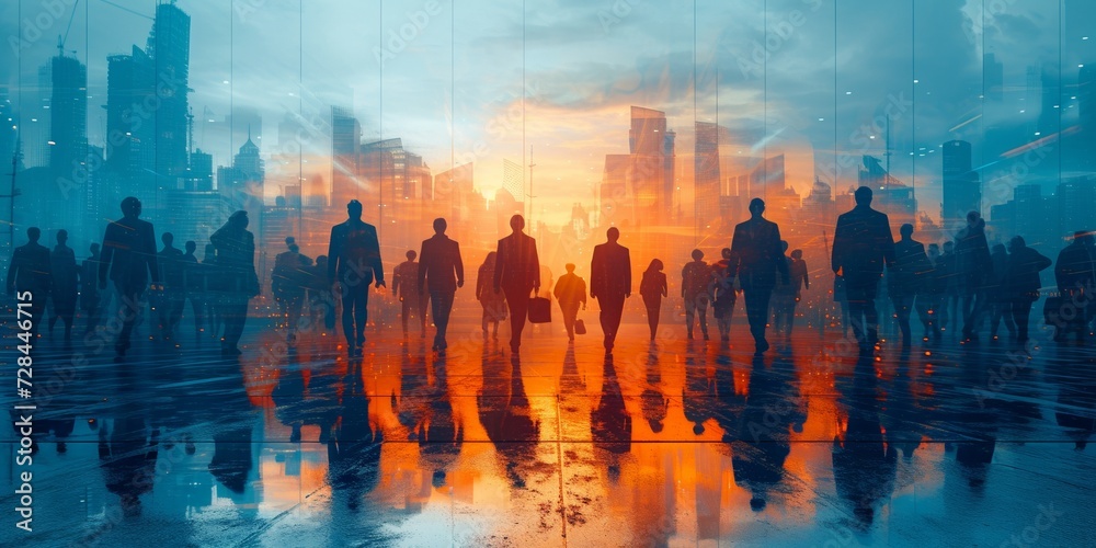 Urban professionals on the move: A blurred city backdrop captures the ...