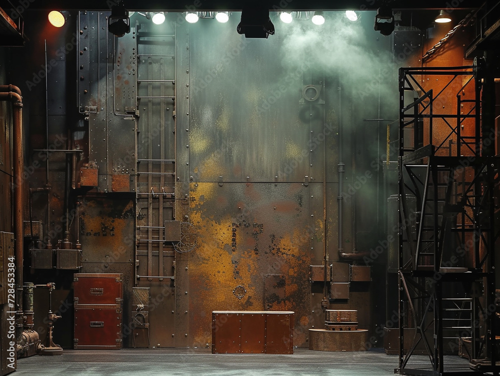 Industrial stage with a steampunk theme, featuring a steam-powered box ...