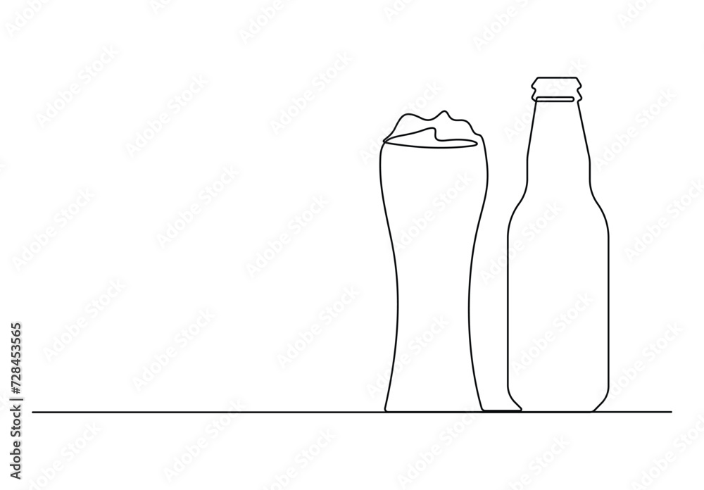 Simple continuous one line drawing of beer glass and bottle. Isolated ...