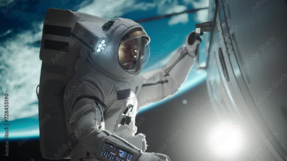 Portrait of a Brave Astronaut Floating Outside a Spaceship, Holding ...