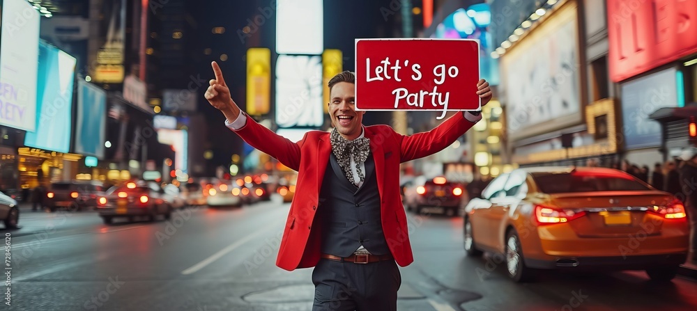 Happy man holding let s go party sign, blurred night city background ...