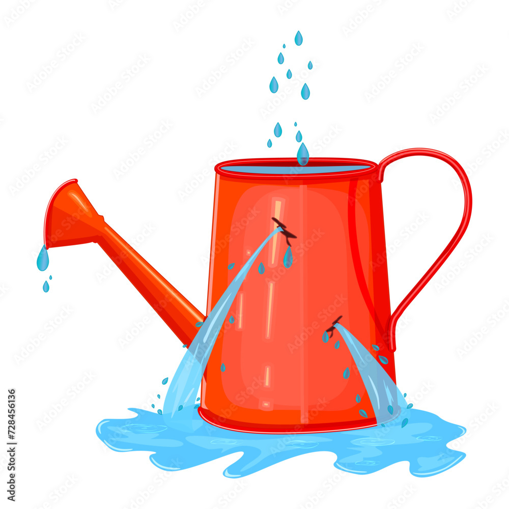 Leaking watering can and puddle. Pail with hole full water. Water ...