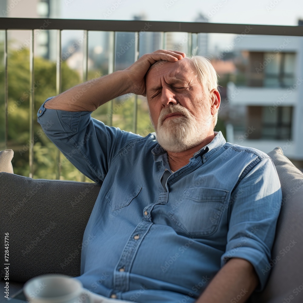 A weary man with a scruffy beard sits on a worn couch, his hand on his ...