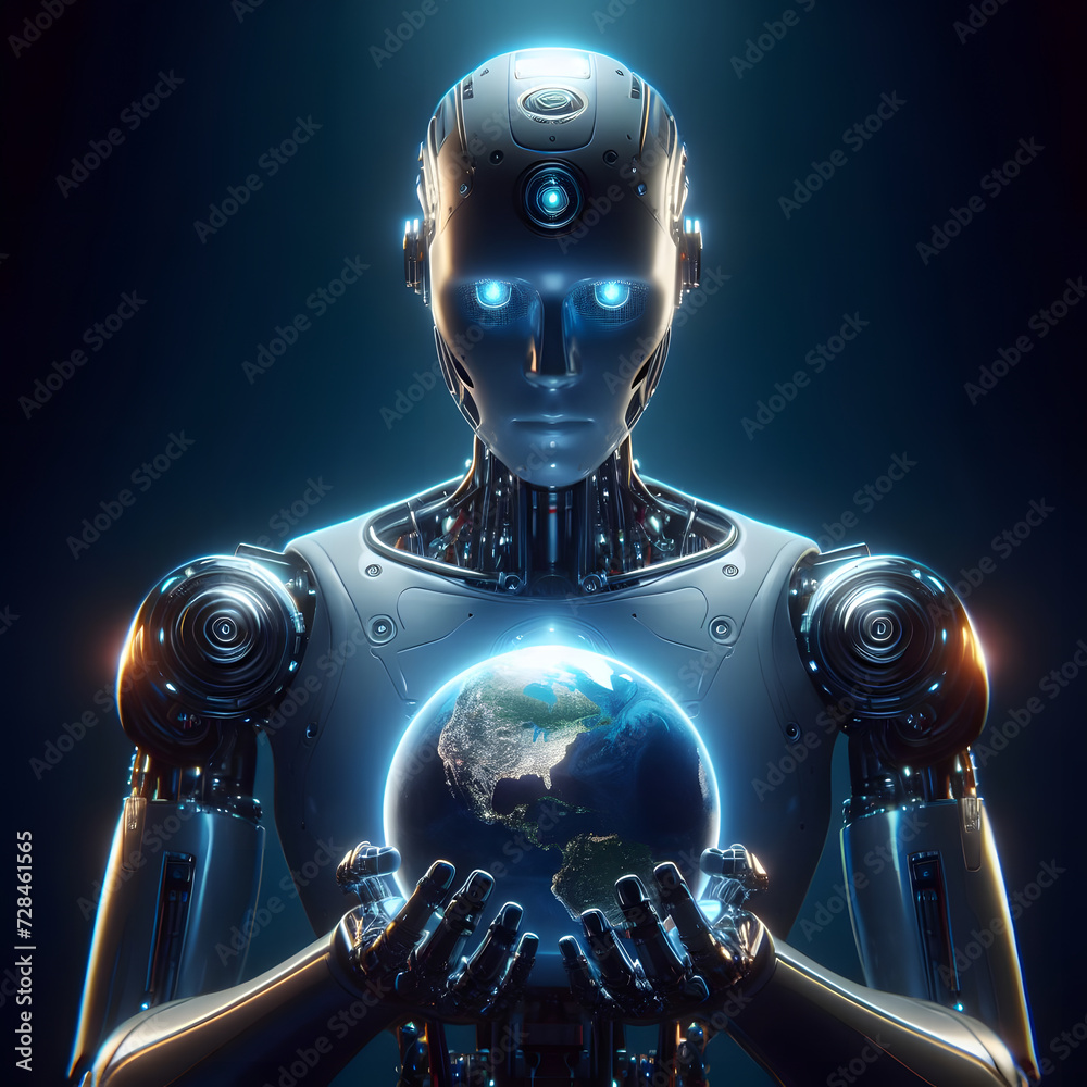 AI robot holding earth globe in hands. Concept of AI controlling the ...