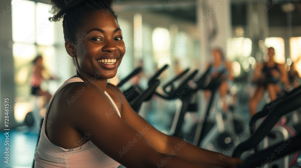 Active black woman keeping fit exercising at a gym spinning class. AI ...