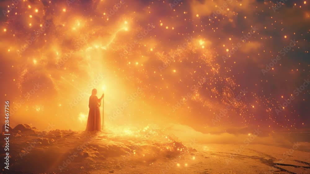 Vidéo Stock A celestial guide with a radiant aura and a scepter made of ...