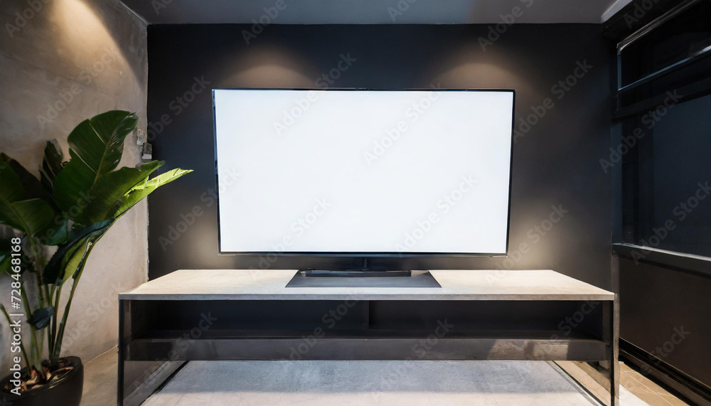 Blank white tv screen interior in darkness mockup, front view, 3d ...