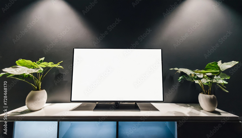 Blank white tv screen interior in darkness mockup, front view, 3d ...