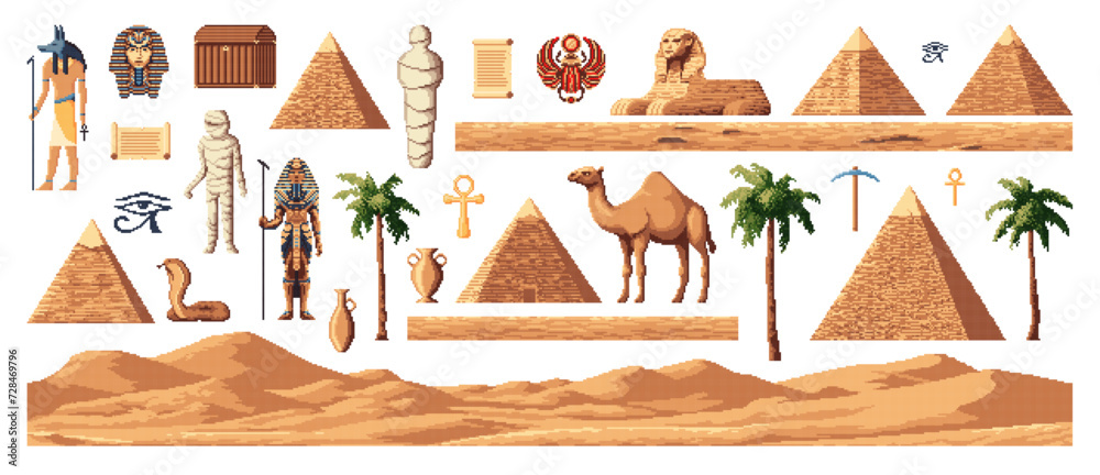 Retro 8 bit pixel art Egypt arcade game assets, pyramids and gods ...
