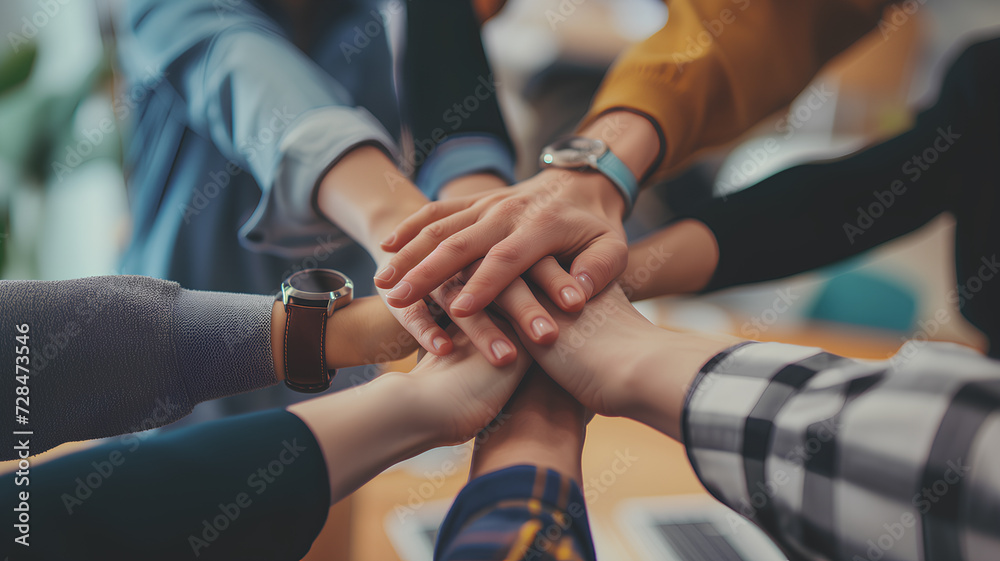Team Unity Displayed Through Hand Stack in Office. A diverse office ...