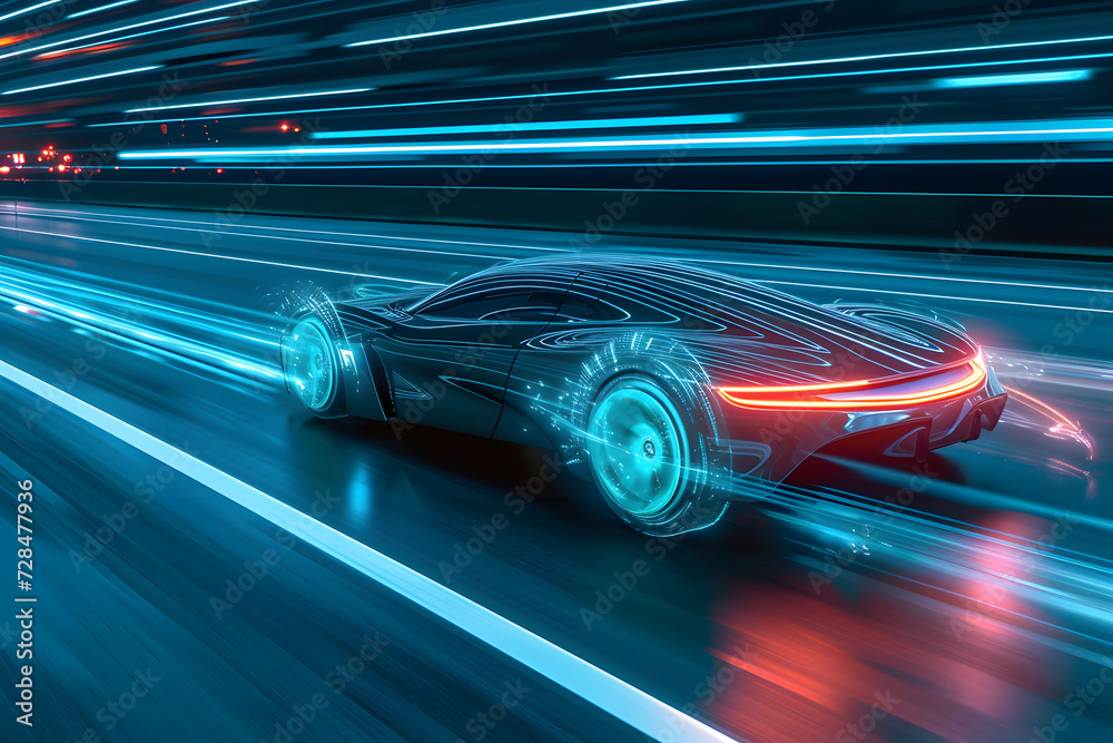 Futuristic EV car with motion lighting on highway with full self ...