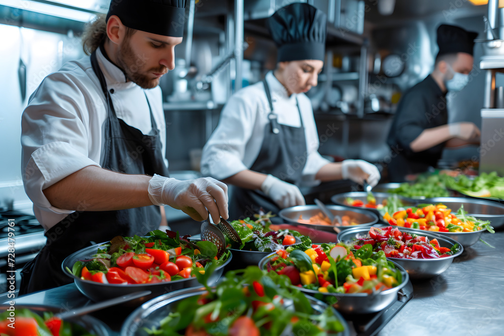 Professional Chefs Preparing Gourmet Salads in Commercial Kitchen Stock ...