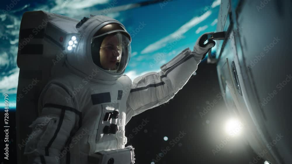Male Astronaut Touching Base with an Orbiting Satellite in Outer Space ...