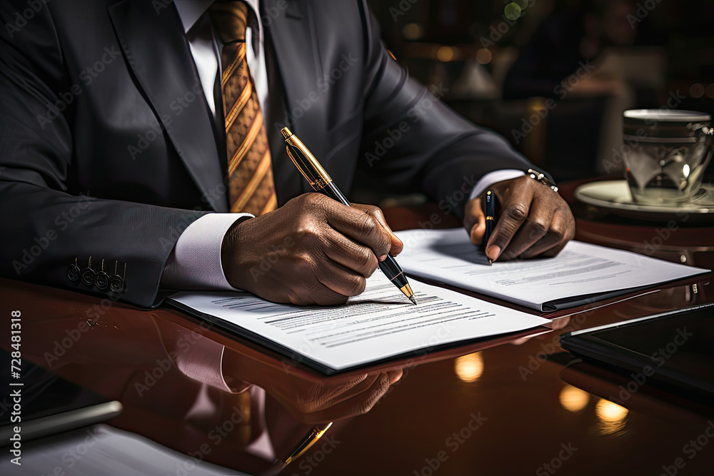 Distinguished man, elegantly attired in suit, writes purposefully on ...