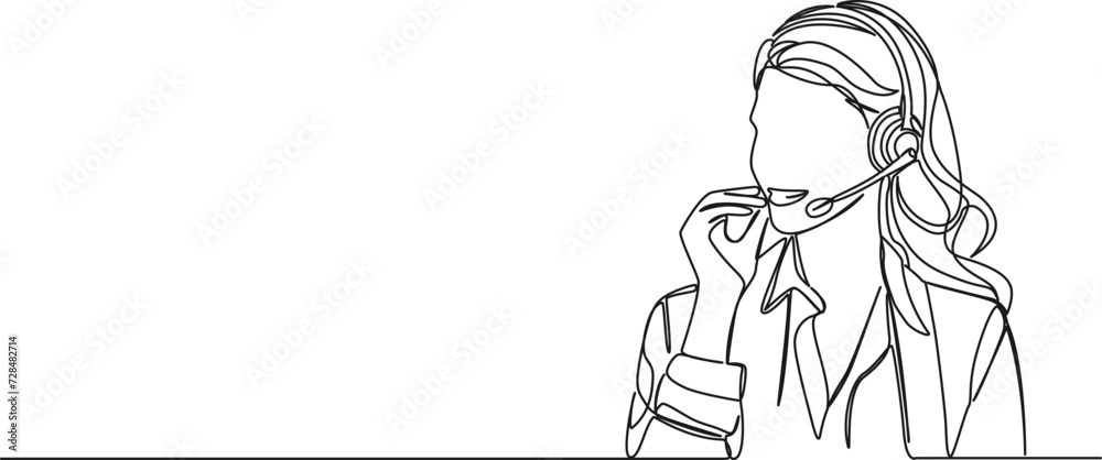 continuous single line drawing of female call center agent with headset ...