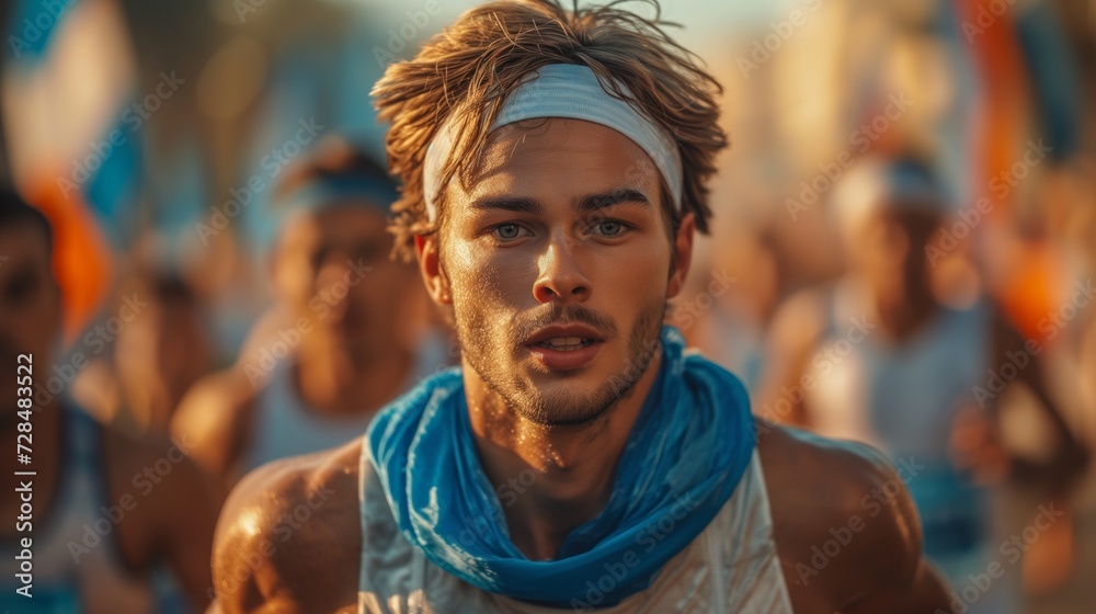 Intense focus on a male runner's face during a marathon, capturing the ...