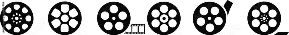 Film reel icon set. Black movie reel icon in vintage style. Old retro ...