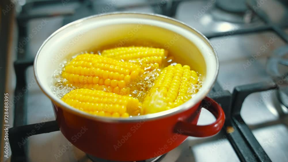 Vidéo Stock Cooking yellow corn cobs in boiling water in a red enameled ...