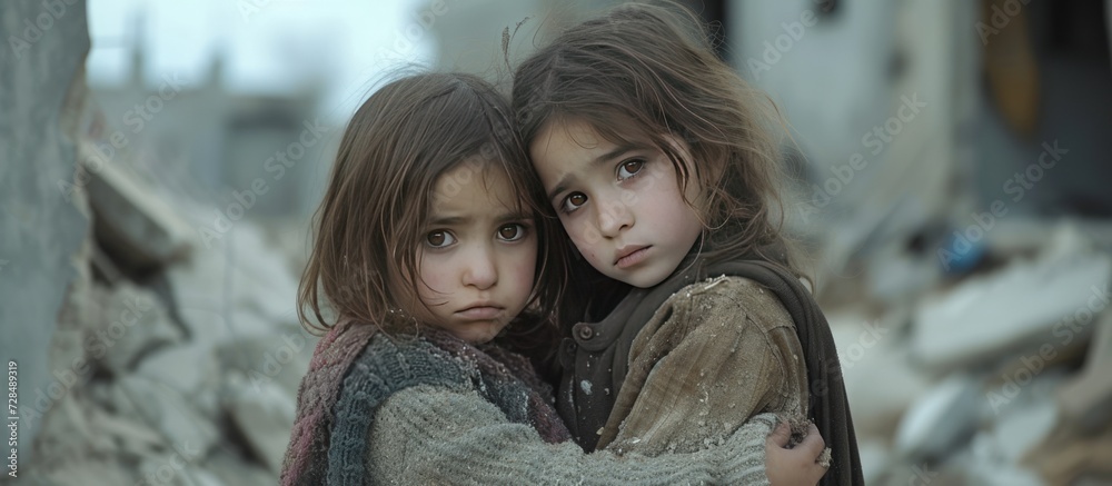 Portrait little girls crying in the ruins of buildings caused by war ...