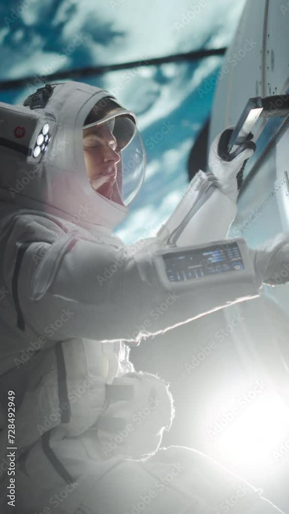Vertical Screen: Male Astronaut Posing in a Space Suit During a ...