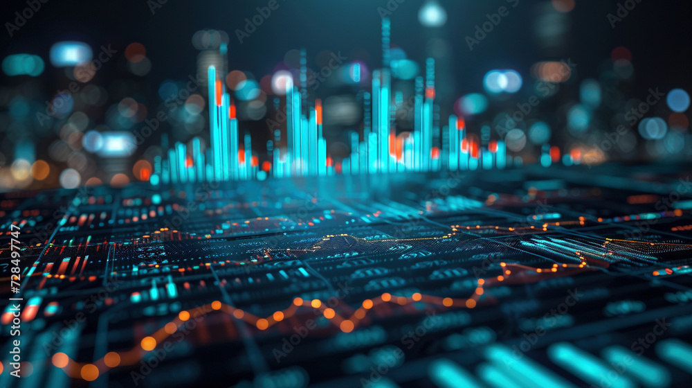 Abstract image of glowing financial charts, bars, and stock market data ...