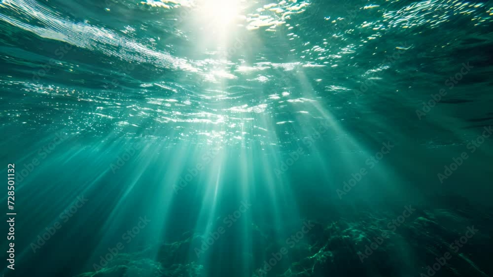 Sunlight streams into the sea in streaks through the ripples of water ...
