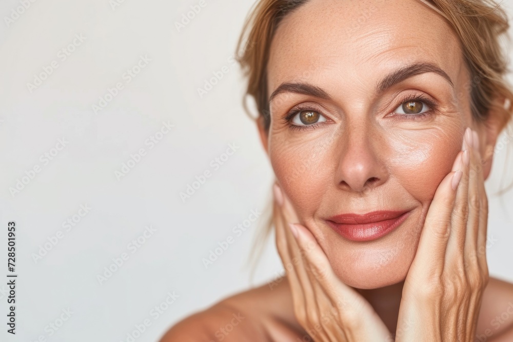 A beautiful 50-year-old woman smiles confidently, showcasing her ...