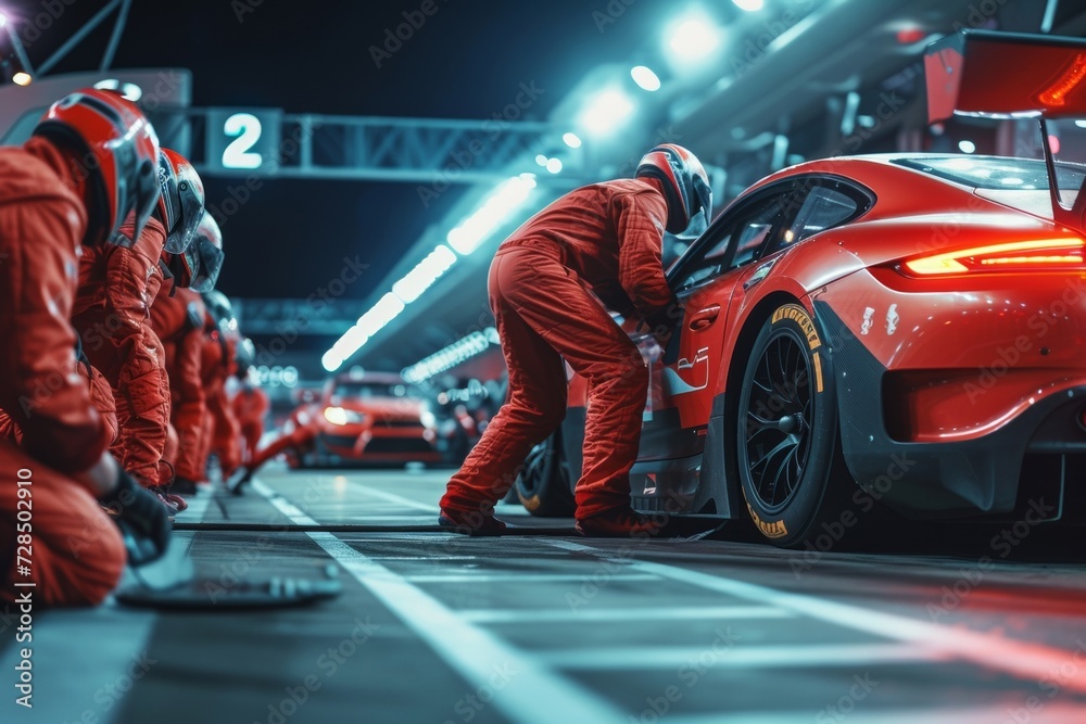 A professional pit crew waits in anticipation as their Formula 1 race ...