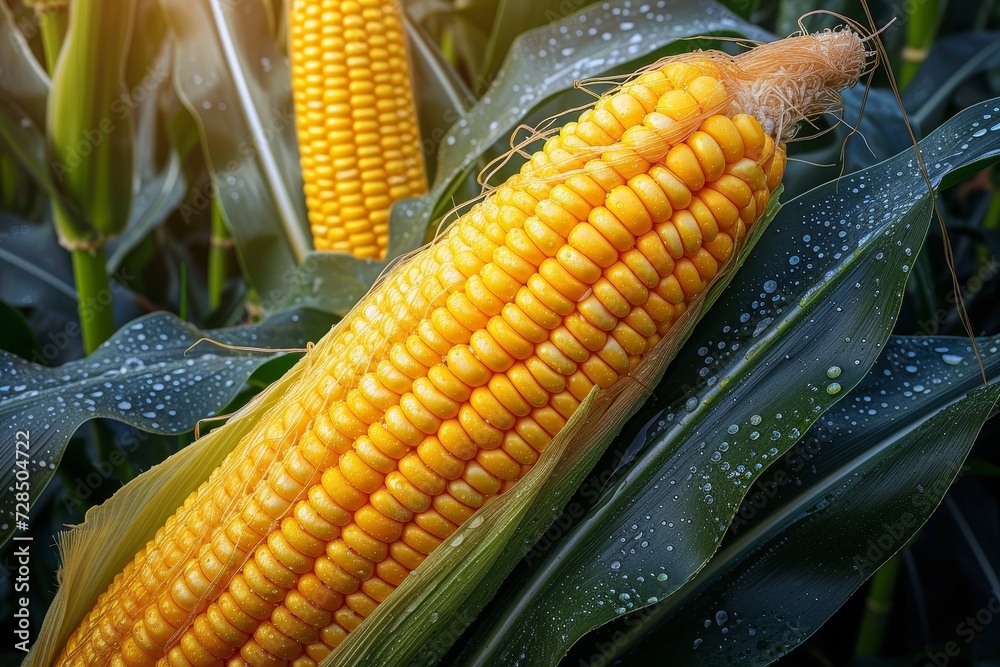 A golden ear of sweet corn glistens on a vibrant plant, its plump ...