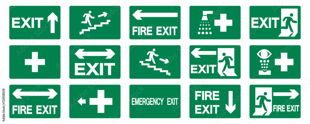 Exit sign collection in green. Set of emergency fire exit green signs ...