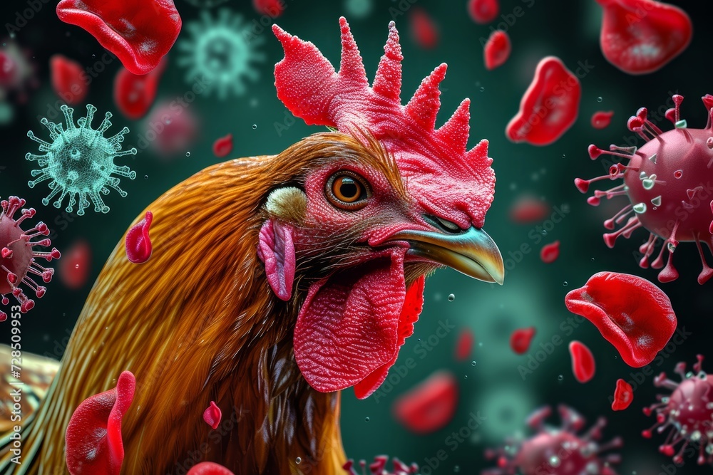 A vibrant rooster struts proudly with his fiery red feathers, embodying ...