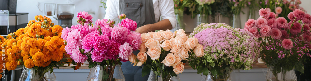 Five bouquets of flowers on the blurred background of a flower shop ...