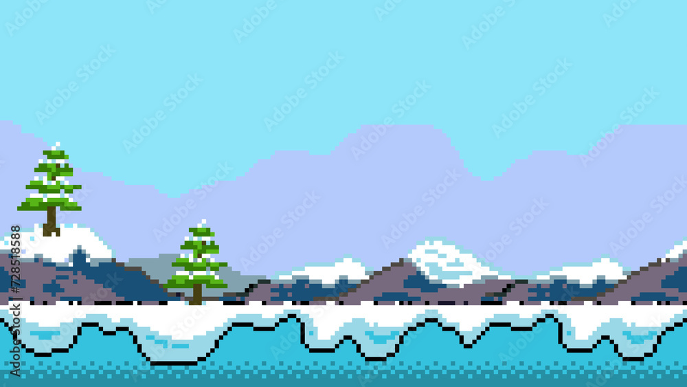 Pixel art cenário de neve Pixel art snow scenery Stock Illustration ...