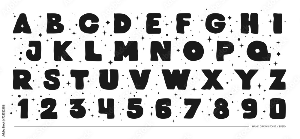 Hand drawn monochrome bizarre alphabet thick font, unusual latin ...