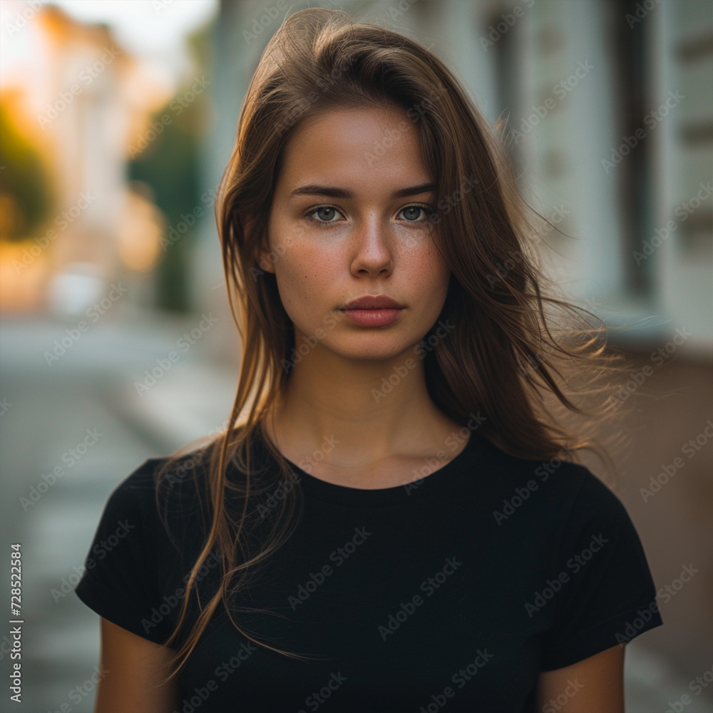 Intense facial expression woman in plain black t-shirt in the street at ...