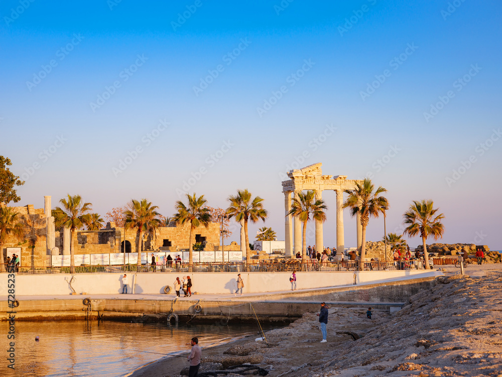 travel to ancient city of Side, Antalya coast of Turkey in tourist low ...