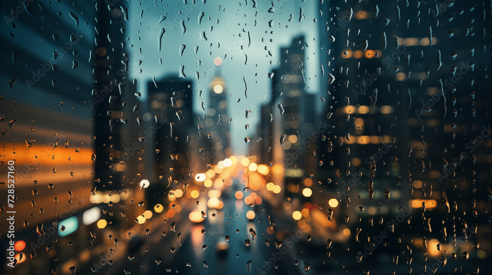 High angle shot through a raindrop, covered window of a skyscraper ...