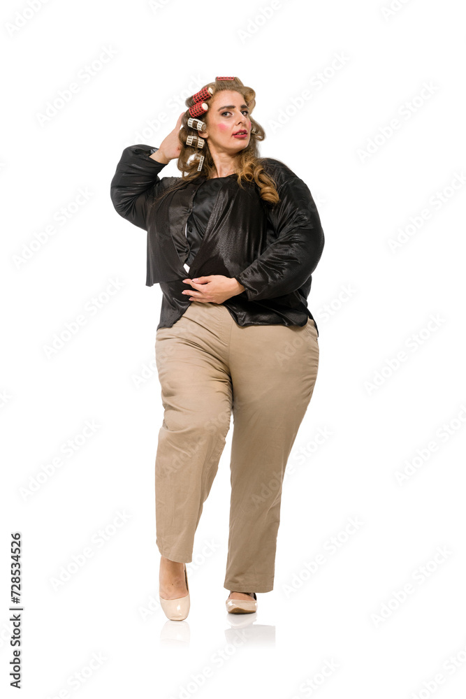 Fat overweight happy young woman posing on white background, Cheerful ...