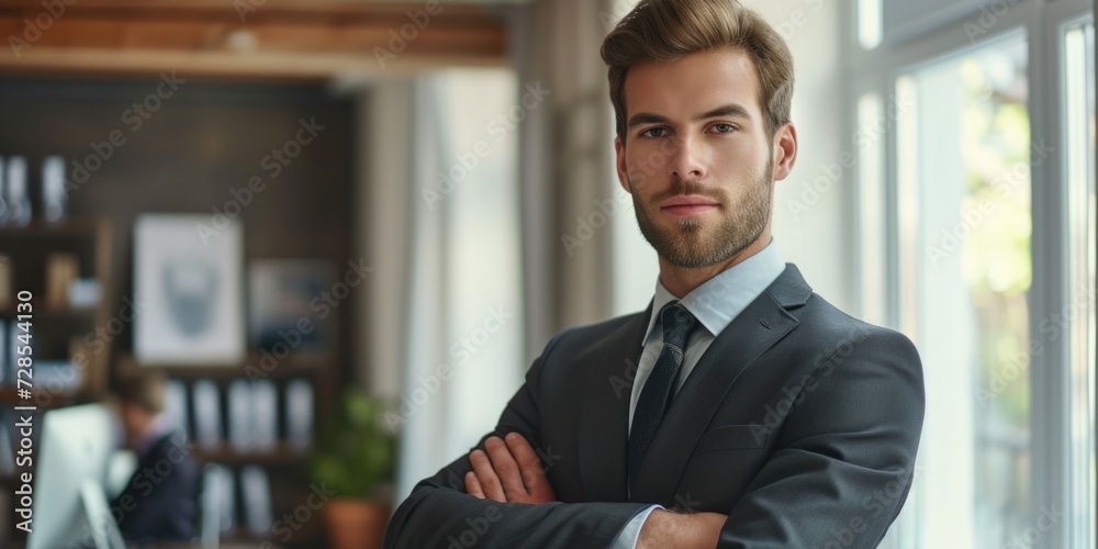 A professional man in a suit standing confidently with his arms crossed ...