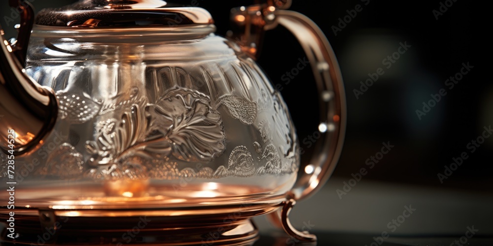 A glass tea pot with a handle, sitting on a table. Can be used to ...
