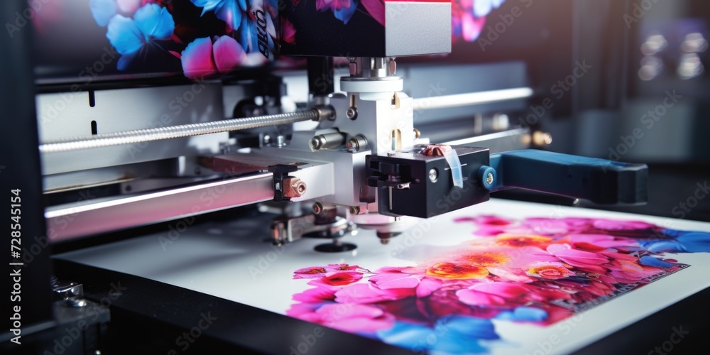 A printer is shown in the process of printing a picture of flowers ...