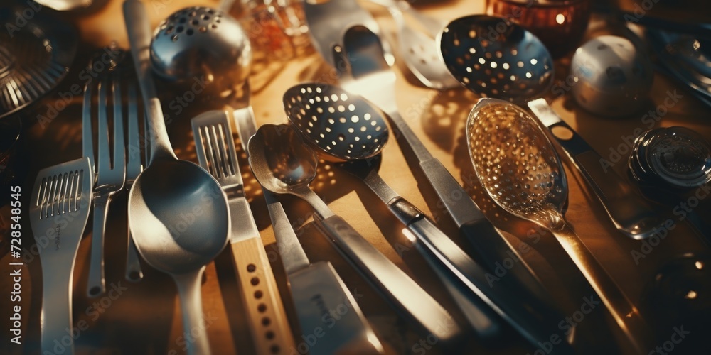 A table filled with an abundance of silverware and utensils. Perfect ...