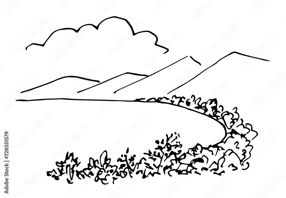 Simple black outline vector drawing. Sea shore , bay. Mountains on the ...